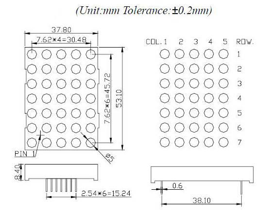 Dot Matrix LED Array | Red 2" 5x7 | Common Cathode